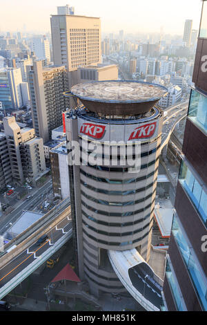 Osaka skyline with highway through its building at night, Japan Stock ...