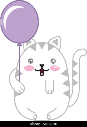 cute cat with helium balloon kawaii character vector illustration ...