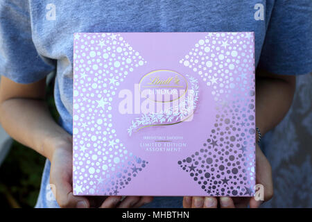 Close up of Limited Edition Lindt Lindor Chocolates in pink colour box ...