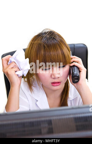 Asian woman professional speaking phone modern office bright window ...