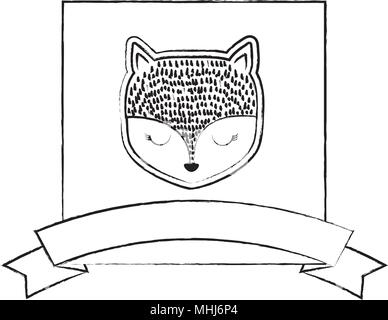 decorative emblem with cute fox and ribbon over white background ...