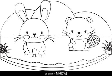 landscape with cute rabbit and beaver over white background, colorful ...