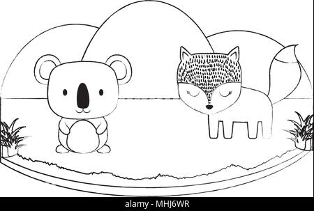 landscape with cute koala and fox over white background, vector ...
