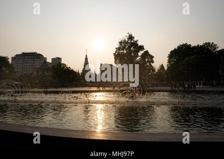 Wat Botum (Wat Botumvatey) seen from Botum Park fountain, Phnom Penh ...