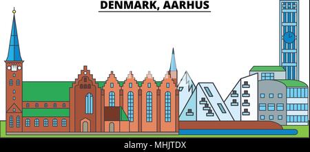 Denmark, Aarhus city skyline isolated vector illustration. Denmark, Aarhus travel cityscape with ...