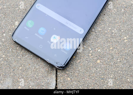 RIGA, APRIL 2018 - A smashed recently launched Samsung Galaxy S9 Plus ...