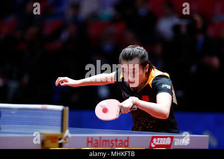 Halmstad, Sweden. 1st May, 2018. Filippa Bergand of Sweden returns the ...