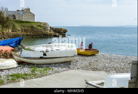 A view from the seafront at Moelfre, a fishing village on Anglesey ...