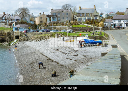 A view from the seafront at Moelfre, a fishing village on Anglesey ...