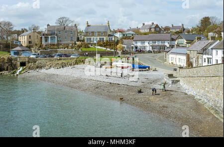 A view from the seafront at Moelfre, a fishing village on Anglesey ...