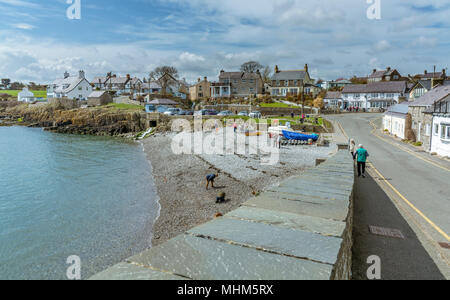 A view from the seafront at Moelfre, a fishing village on Anglesey ...