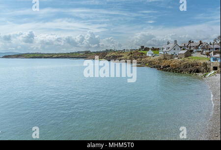 A view from the seafront at Moelfre, a fishing village on Anglesey ...