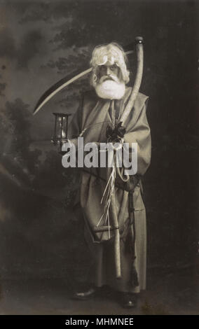 Father Time as old man with hourglass on head. He hands a scepter, a ...