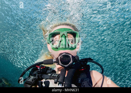 beautiful diver blonde girl diving in the deep blue sea Stock Photo - Alamy