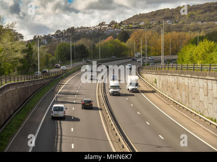 Road markings on the A470 dual carriageway in Taffs Well on the ...