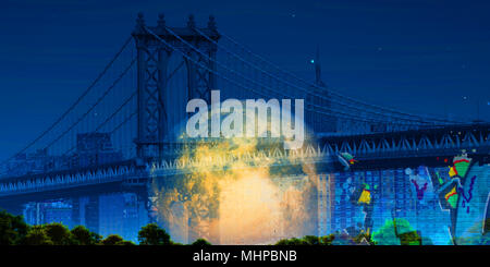 Modern art. Manhattan bridge. Giant moon at the horizon Stock Photo - Alamy