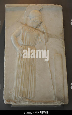 Mourning Athena relief, 460 BC. She is wearing peplos and helmet ...