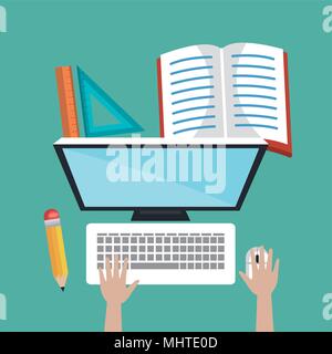 desktop computer with easy learning icons vector illustration design ...