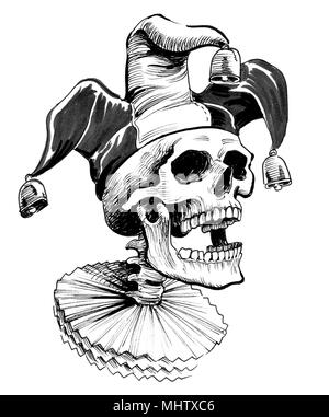 Jester skull. Ink black and white illustration Stock Photo - Alamy
