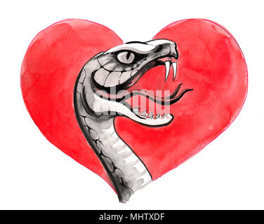 Heart and snake ink and watercolor illustration Stock Photo - Alamy