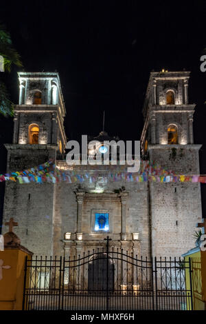 Mexican colonial church at night. Details on the ancient walls show how ...
