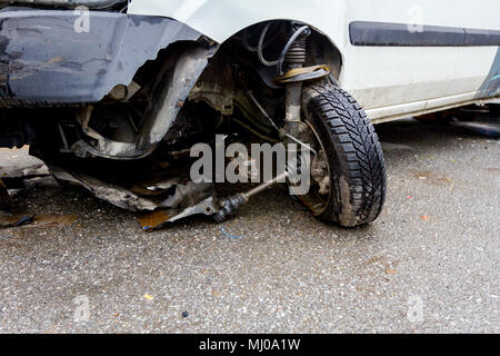 Wrecked and crashed front side, destroyed mechanism of lever steering ...