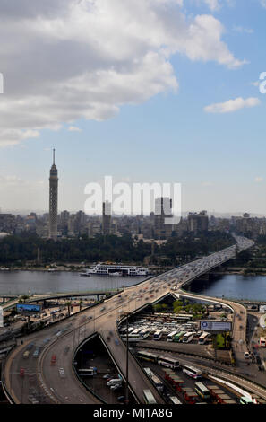 Cairo, Egypt -- Panorama of Cairo with 6th of October Bridge crossing ...