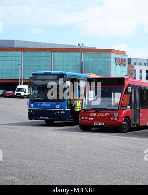May 2018 - Line of buses and coaches in Exeter bus station before it is ...