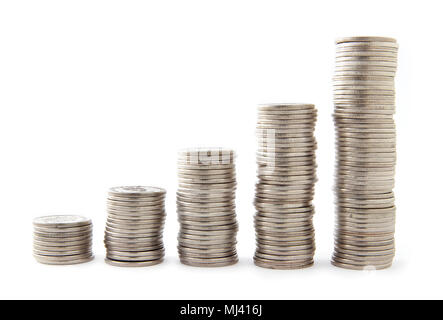 Five stacks of coins with growth between stacking limits on white ...