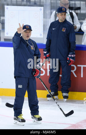 Assistant coach Jiri Kalous, left, and goalkeepers coach Ondrej Pavelec ...