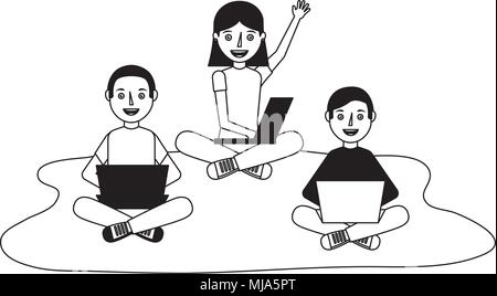 group teenager using laptop computer vector illustration sketch Stock ...