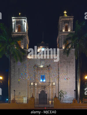 Mexican colonial church at night. Details on the ancient walls show how ...