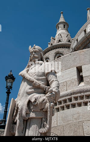 The Fishermans Bastion with the statues of Saint Stephan and King Arpad ...