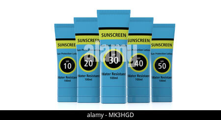 Tubes of suntan cream are yellow and blue with tropical palm leaves ...