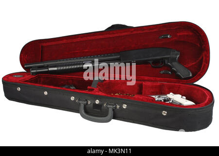 weapons with cartridges in violin case isolated on white background ...