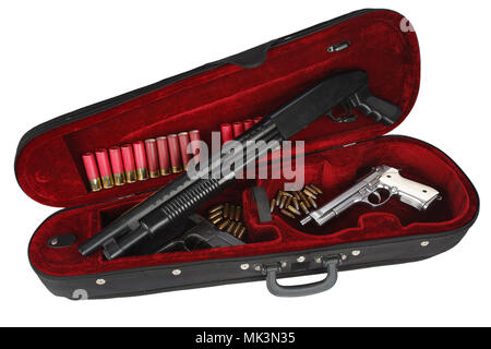 weapons with cartridges in violin case isolated on white background ...