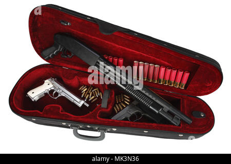 weapons with cartridges in violin case isolated on white background ...