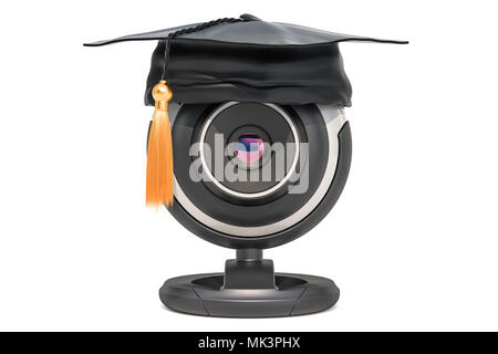 Online education concept, webcam with graduation cap on the wooden ...