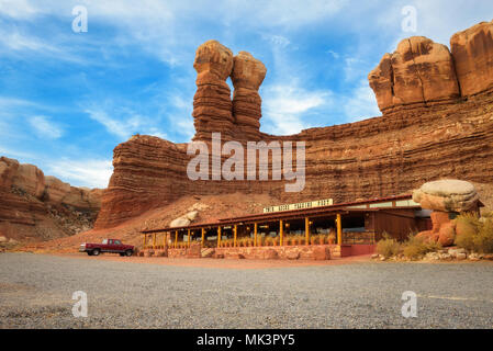 Rock formation Twin Rocks and cafe, Bluff, Utah, United States Stock ...