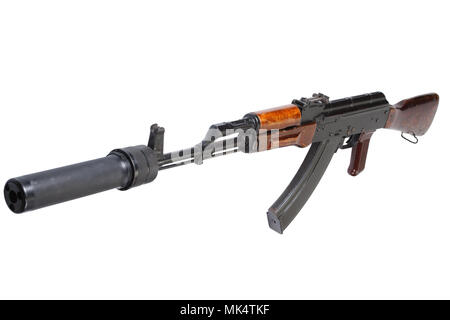 AK 47 assault rifle with sound suppressor (silencer) isolated on white ...