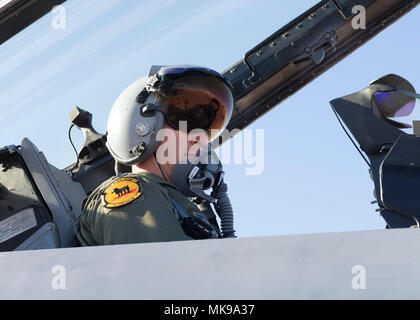 Lt Col Mark Sletten, 8th Fighter Squadron commander, checks systems on ...