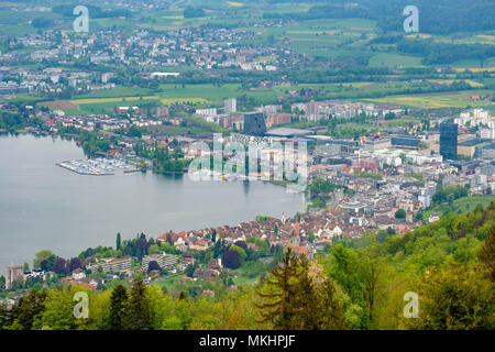 Panoramic view of Lake Zug from Zugerberg mountain, Zug, Switzerland ...