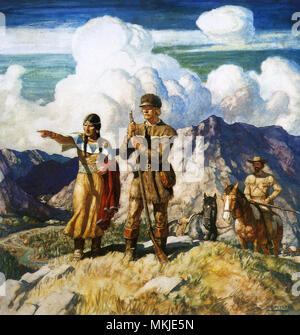 Explorers Meriwether Lewis and William Clark with their Native American guide Sacagawea. Digital ...