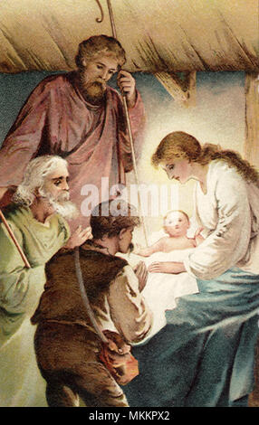 Christmas nativity scene depicting shepherds and wise men visiting baby ...