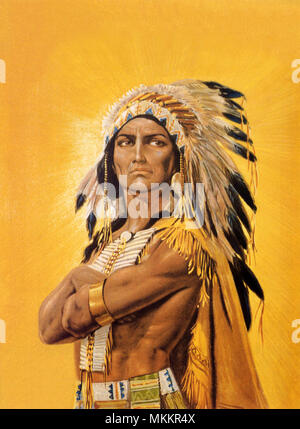 A Native American chief wearing his headdress. Artist: Unknown Stock ...