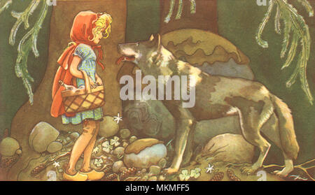 Little Red Riding Hood meets the wolf in the forest Stock Photo - Alamy