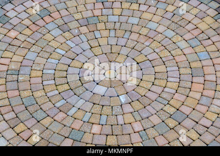 Bricks laid out in concentric circles in a yard. The layout creates an ...