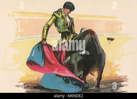 Matador waving red cape at bull during bullfight, bull is speared with ...