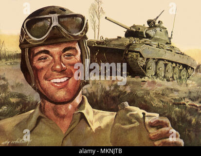 Smiling soldier holding canteen with tank behind him Stock Photo - Alamy