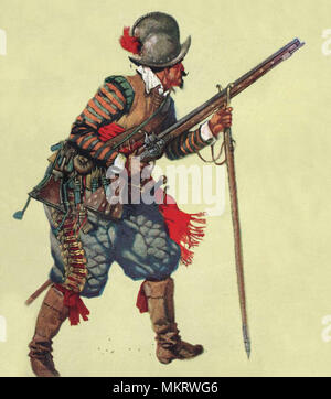 Vintage illustration, English soldier, Musketeer, Exercise with the ...